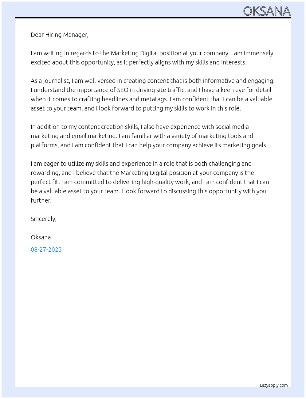Cover letter for Hiring Manager - LazyApply