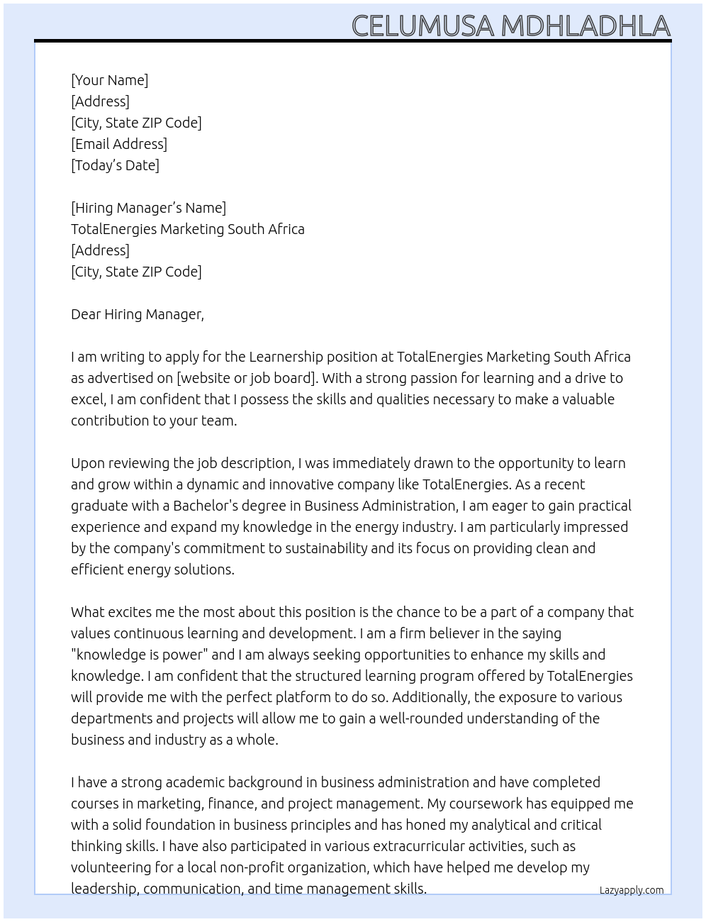 Cover letter for learnership - LazyApply