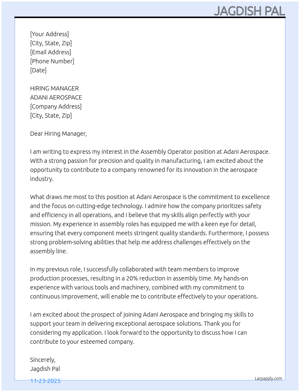 Cover letter for assembly operater - LazyApply