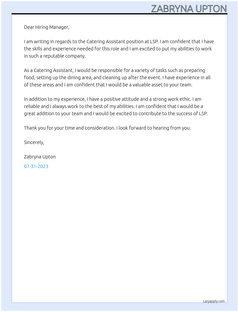 Cover letter for catering assistant - LazyApply