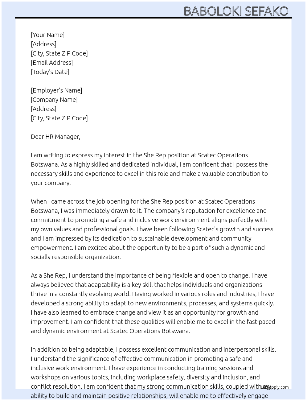 Cover letter for she rep - LazyApply
