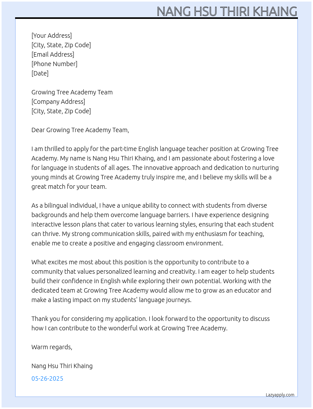 Cover letter for part time english language teacher - LazyApply