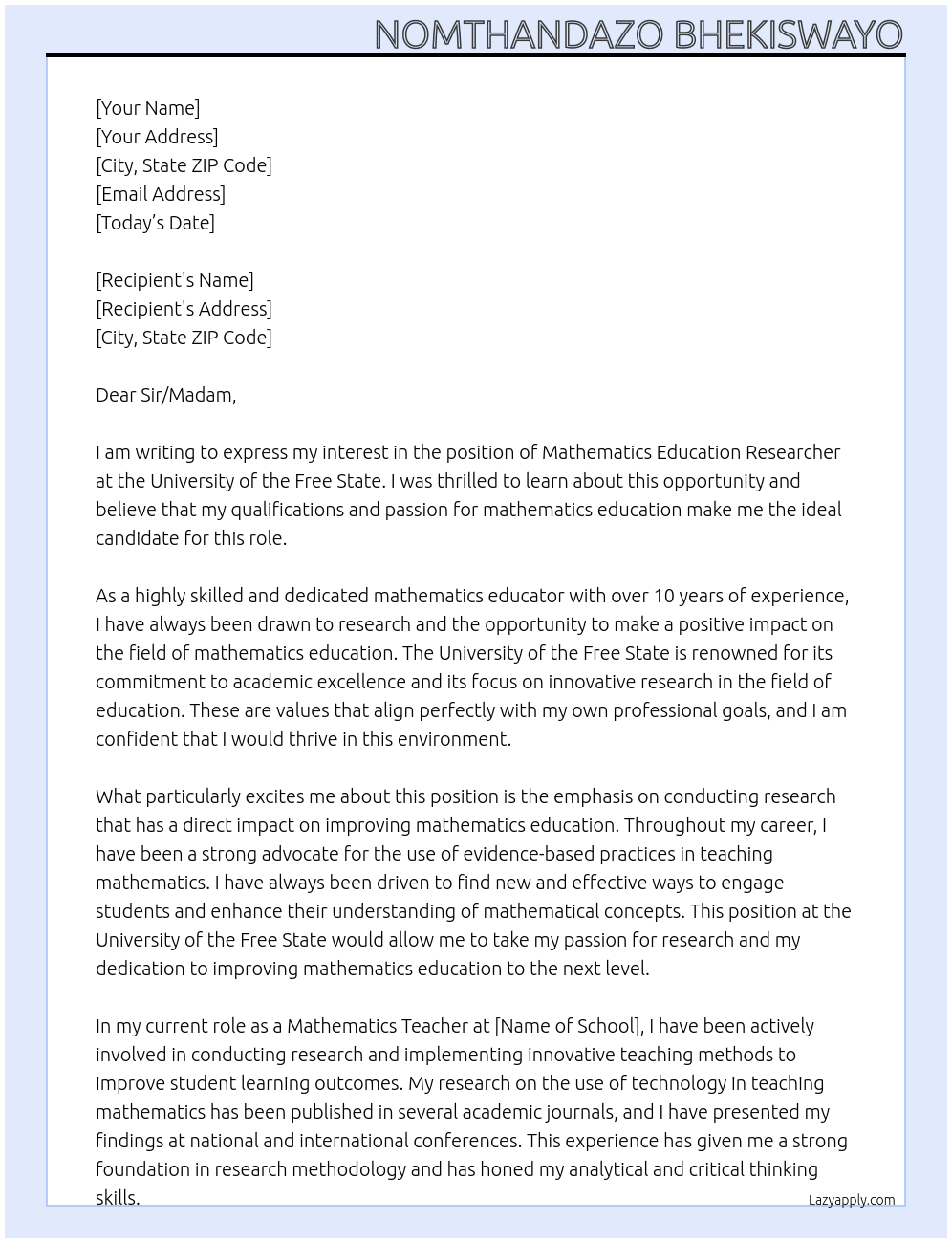 Cover letter for mathematics education researcher - LazyApply