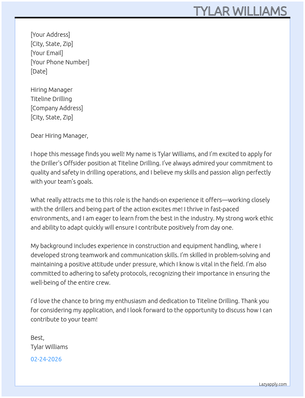 Cover letter for drillers offsider - LazyApply