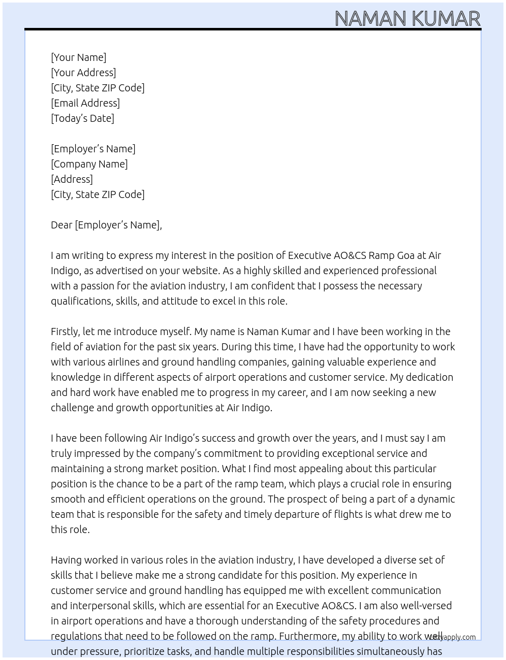 Cover letter for executive ao&cs ramp goa - LazyApply