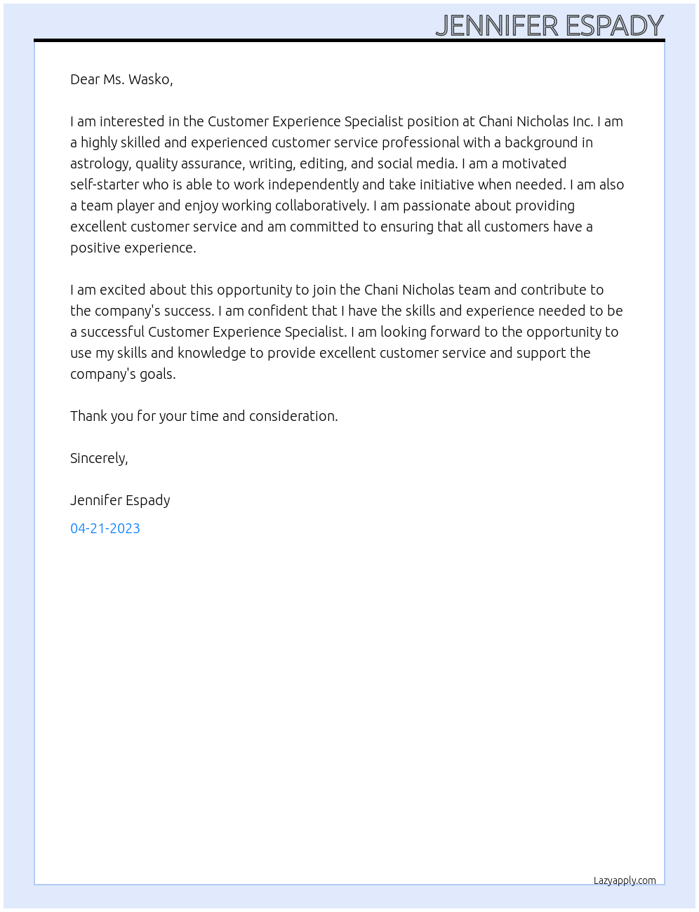 Cover letter for customer experience specialist - LazyApply
