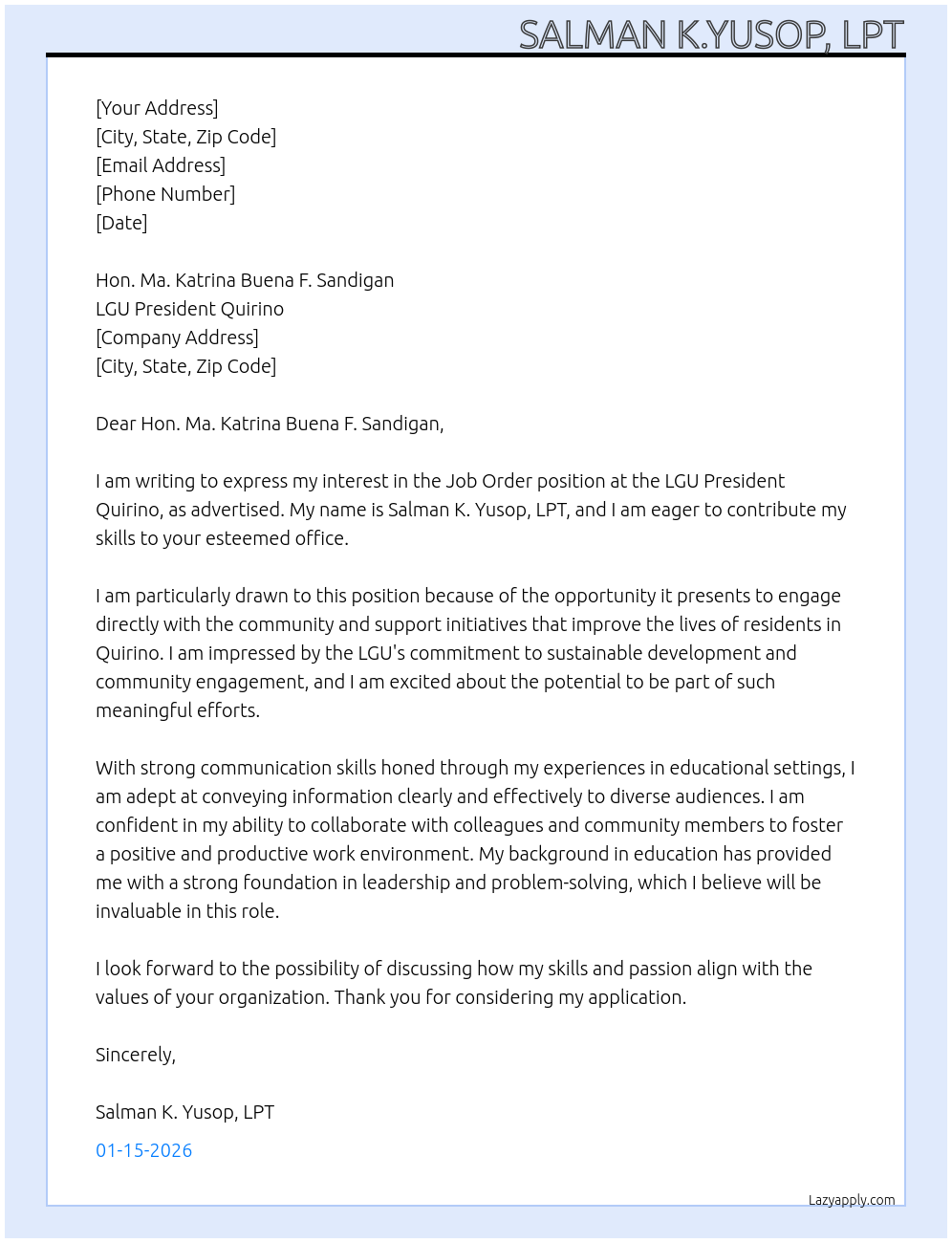 Cover letter for job order - LazyApply