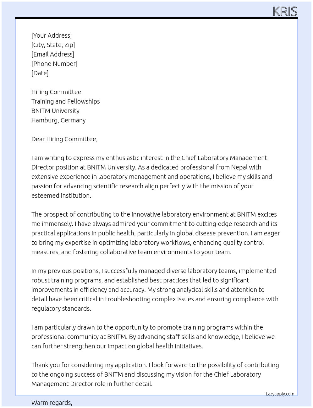 Cover letter for chief laboratory management director from nepal, i am ...