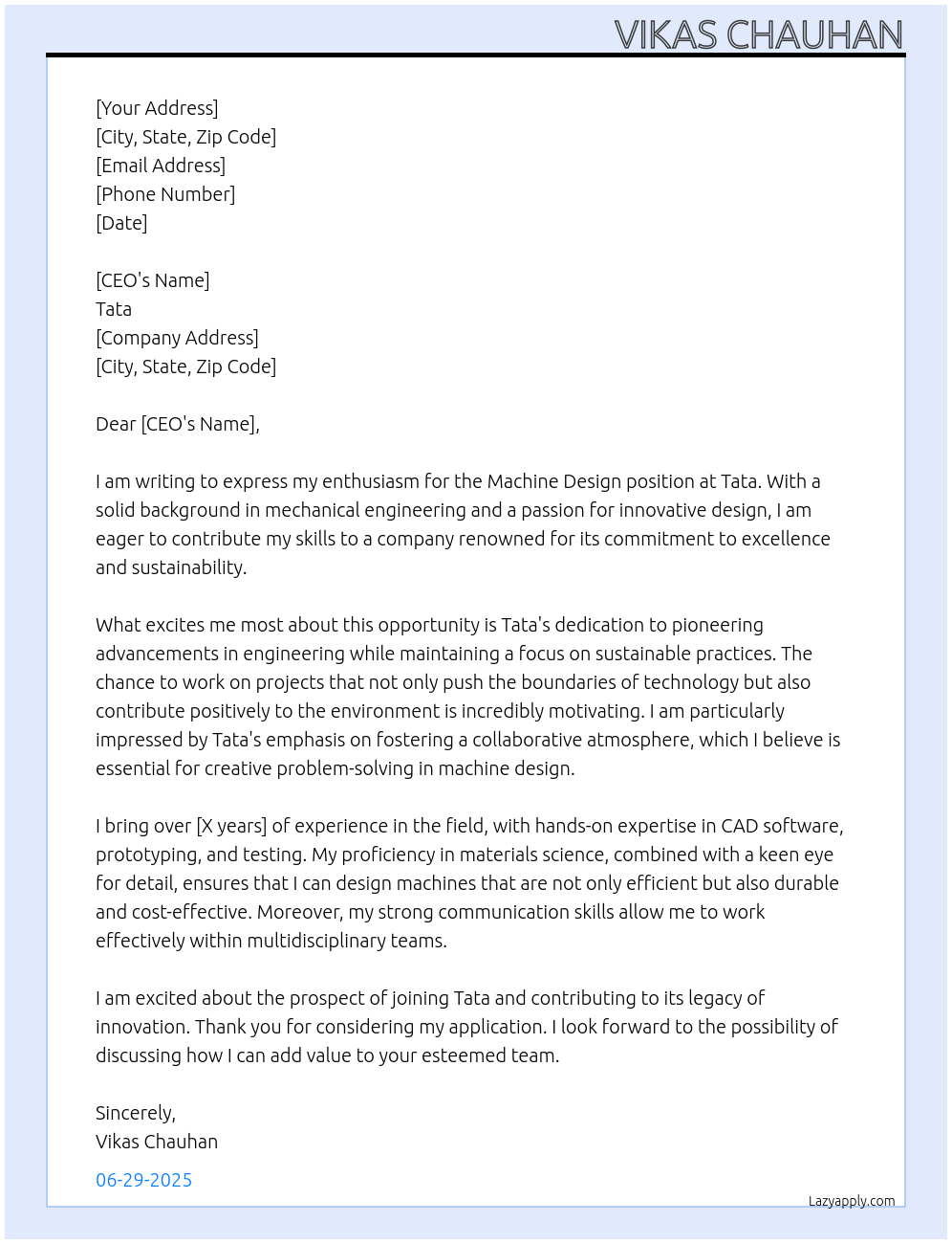 Cover letter for machine design - LazyApply