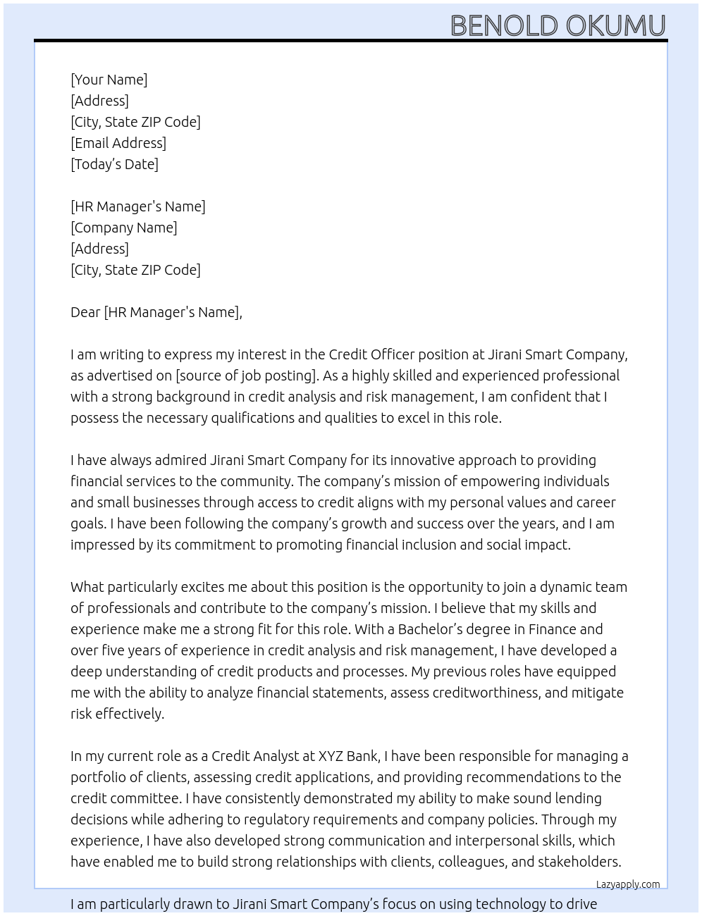 Cover letter for credit officer - LazyApply