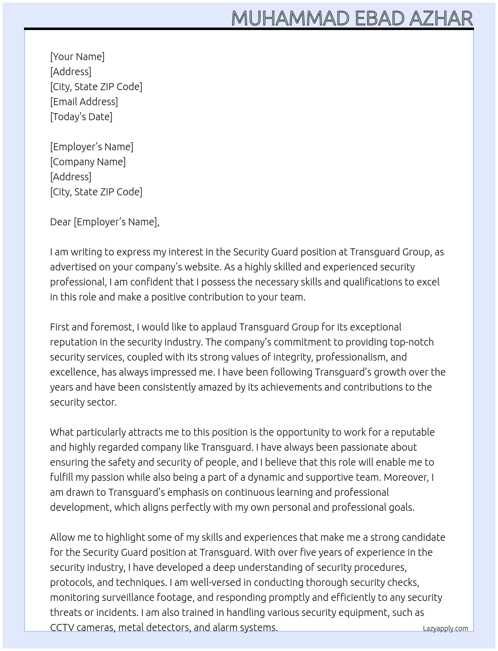 Cover letter for security guard - LazyApply