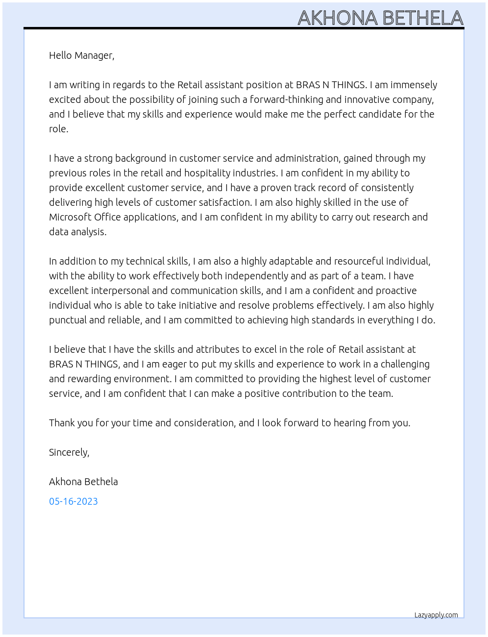 Cover letter for retail assistant - LazyApply