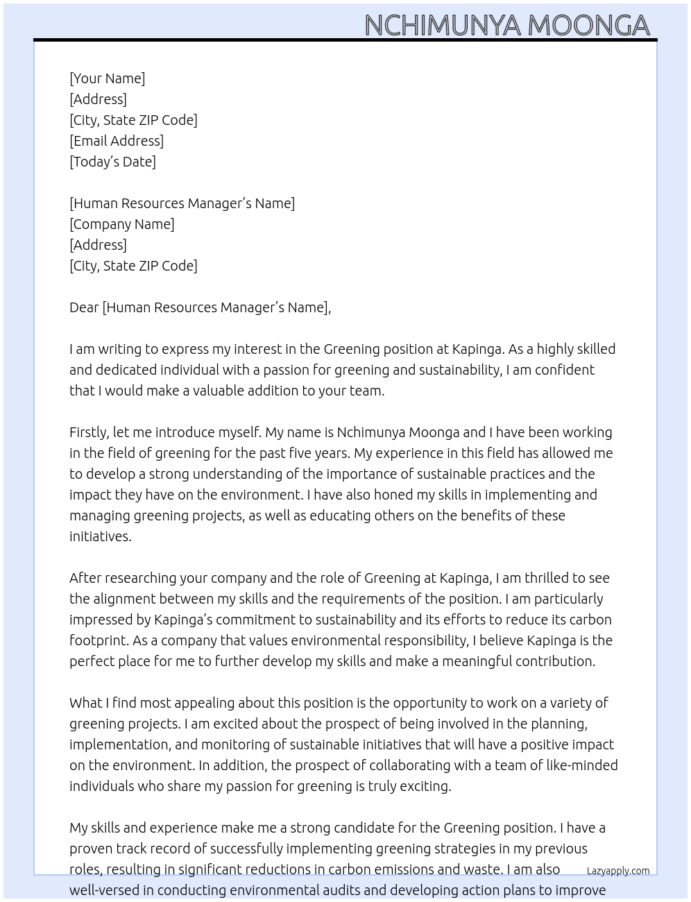 Cover letter for greening - LazyApply