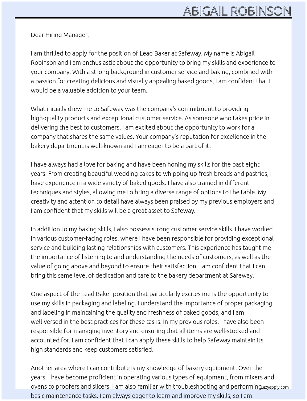Cover letter for lead baker - LazyApply
