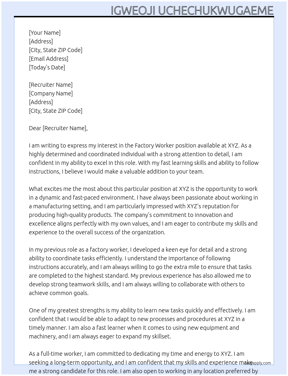 Cover letter for factory worker - LazyApply