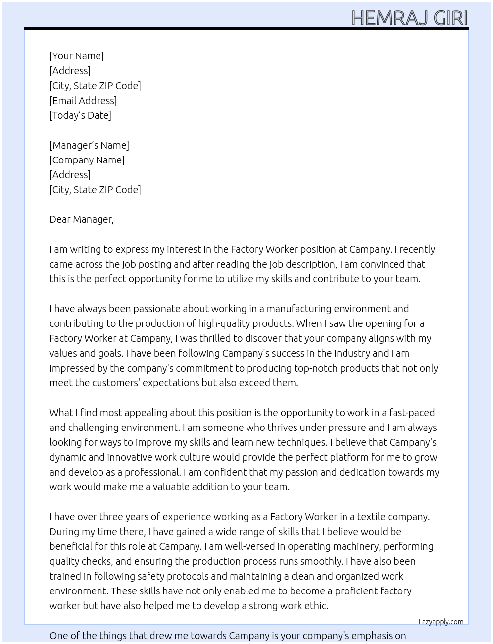 Cover letter for factory worker - LazyApply