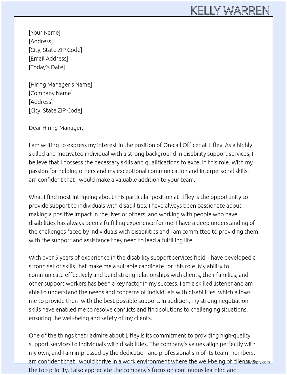 Cover letter for on call officer - LazyApply