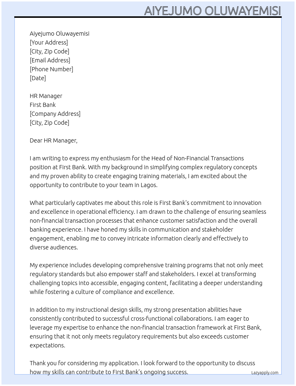 Cover letter for head non financial transaction - LazyApply