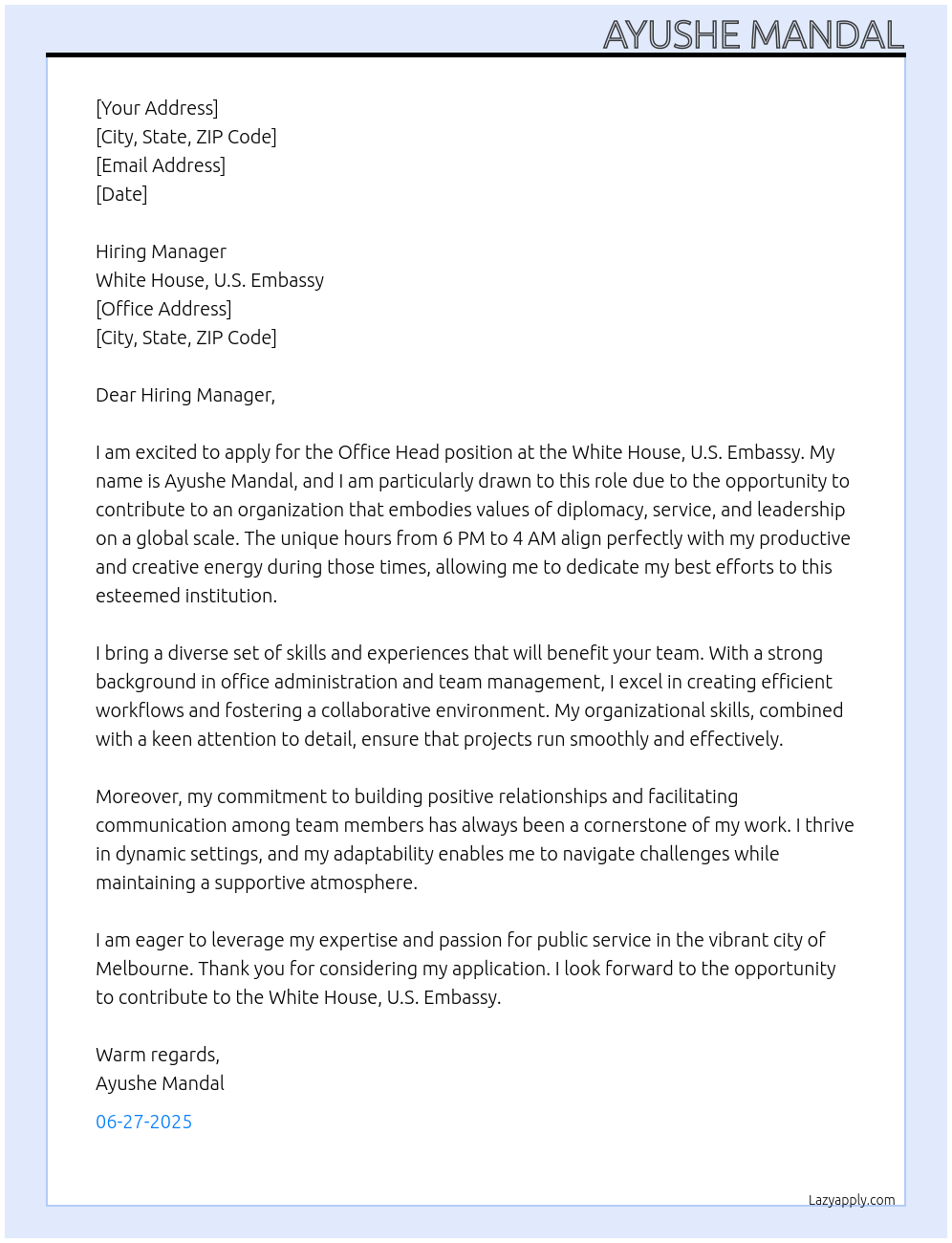 Cover letter for office head - LazyApply
