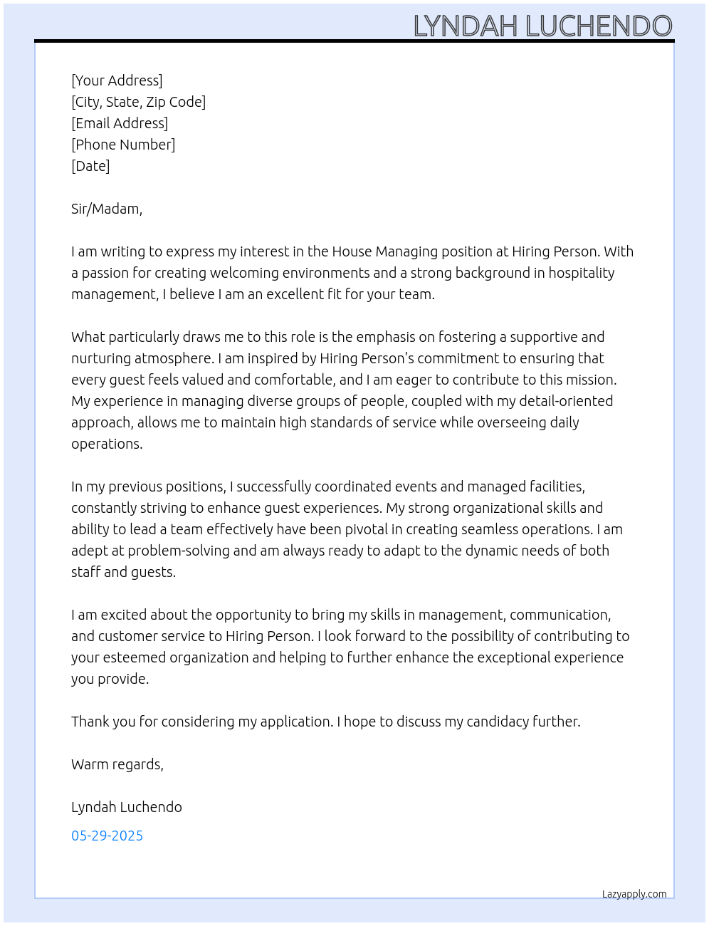 Cover letter for house managing - LazyApply