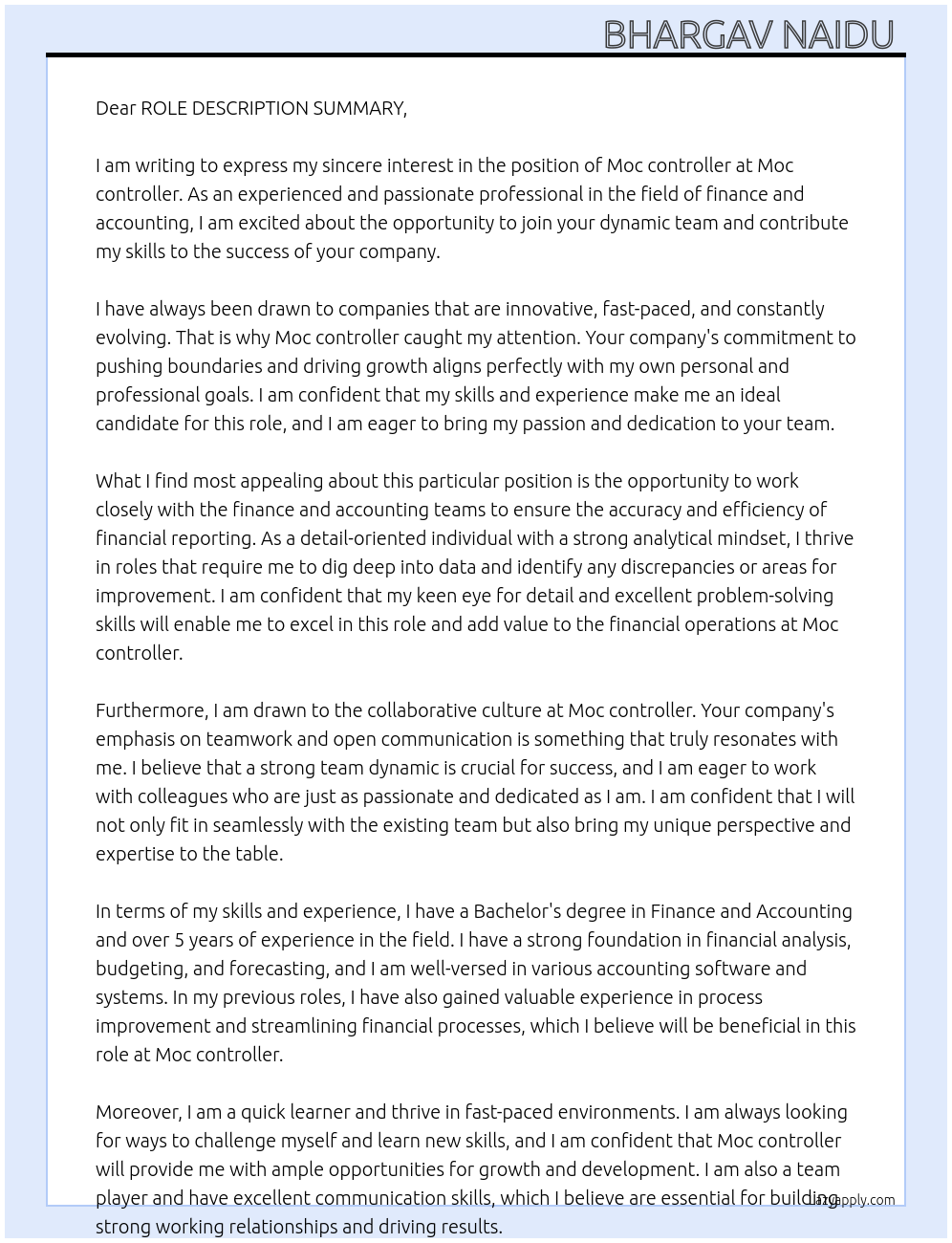 Cover letter for moc controller - LazyApply