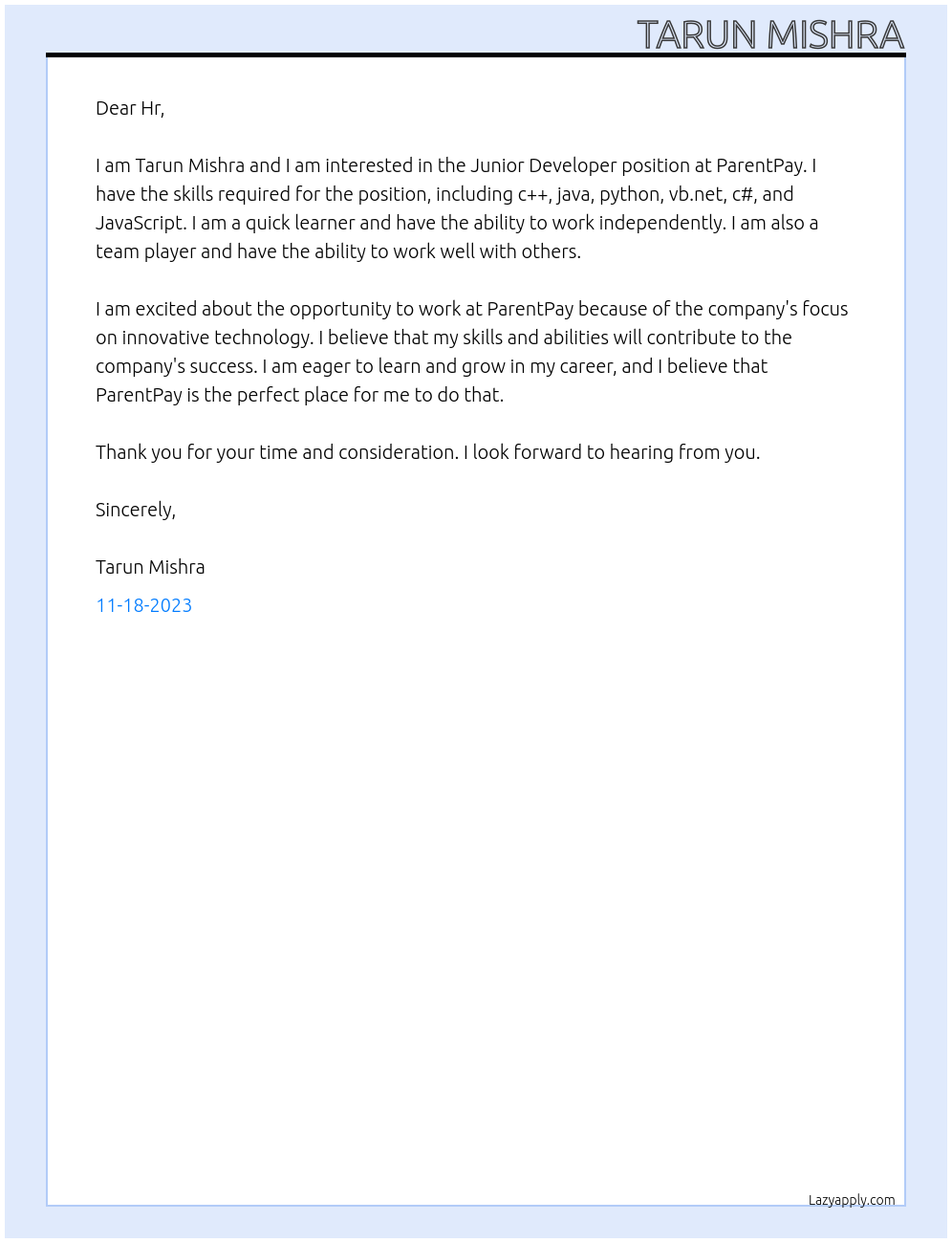 Cover letter for junior developer - LazyApply