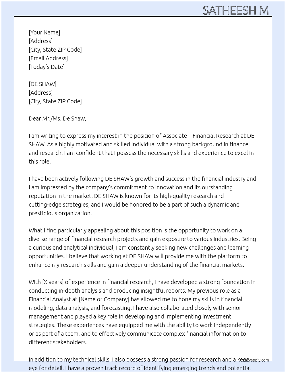Cover letter for associate financial research - LazyApply