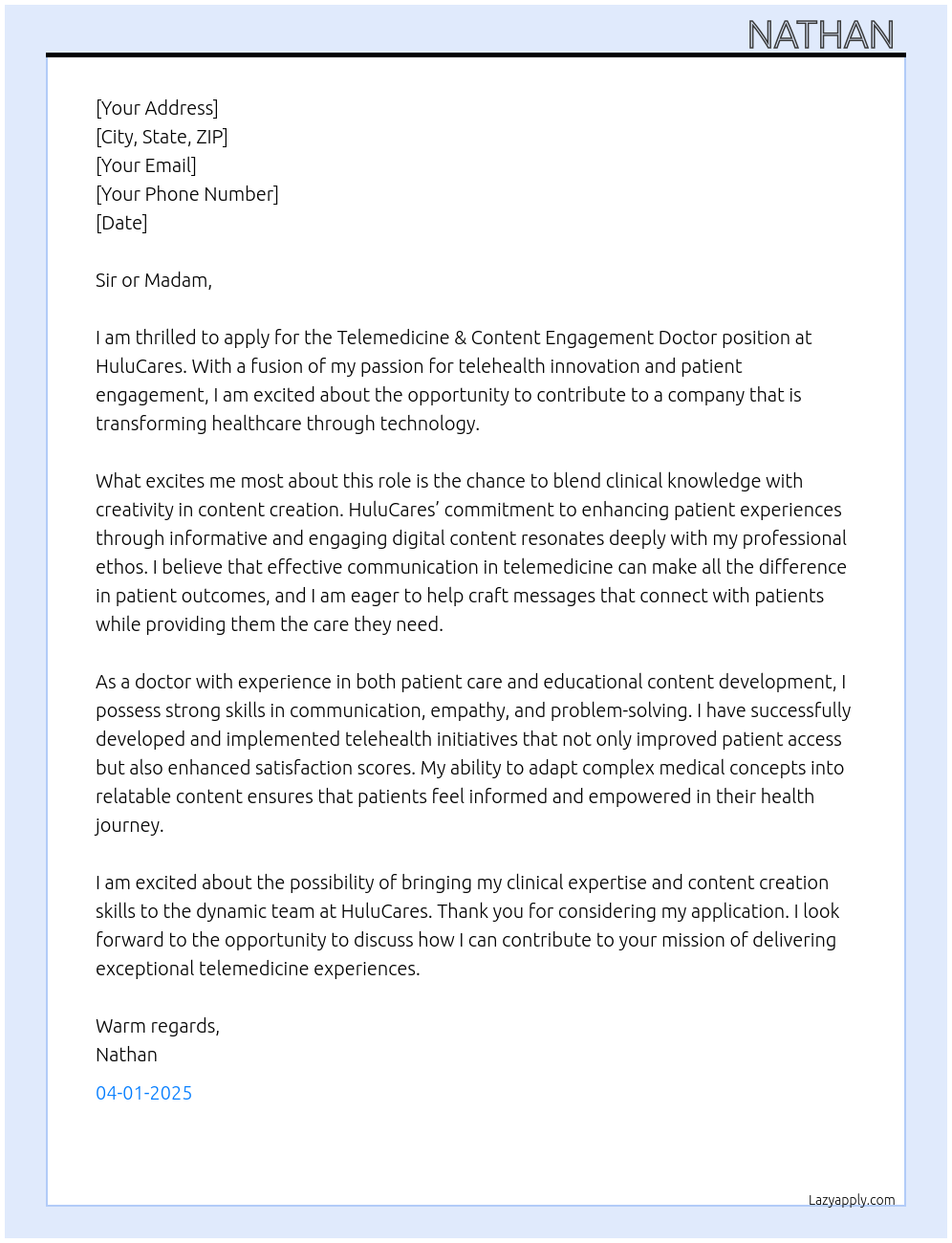 Cover letter for telemedicine & content engagement doctor - LazyApply