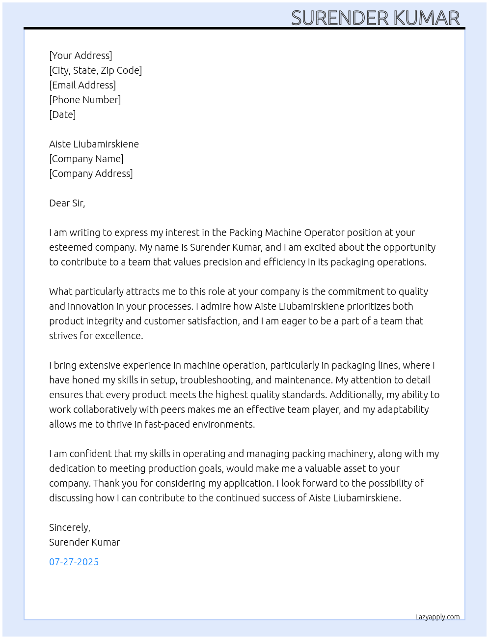 Cover letter for packing machine operator - LazyApply