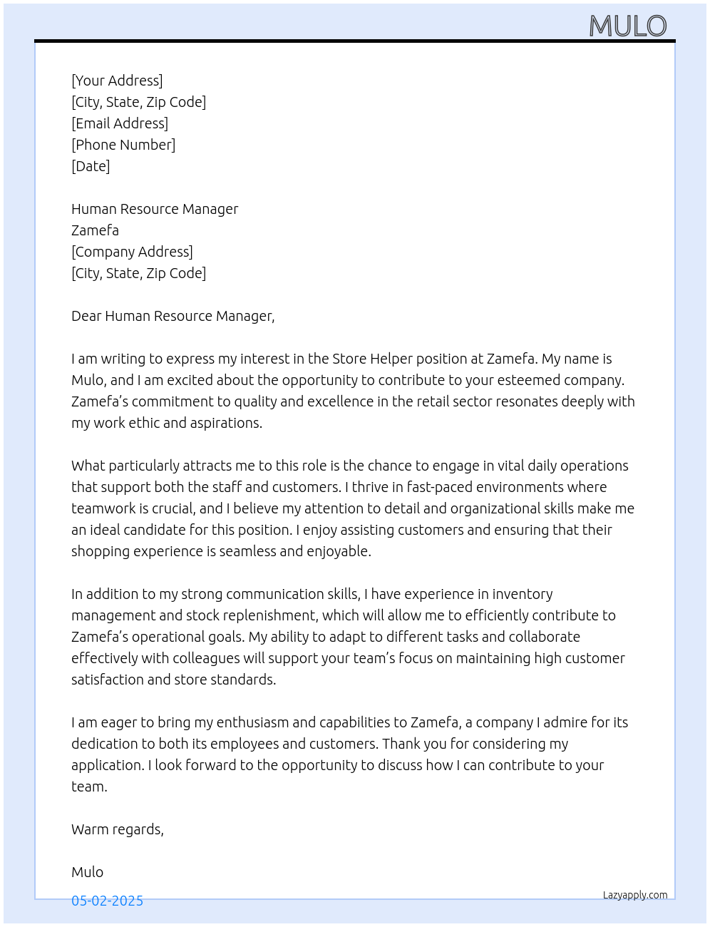 Cover letter for store helper - LazyApply
