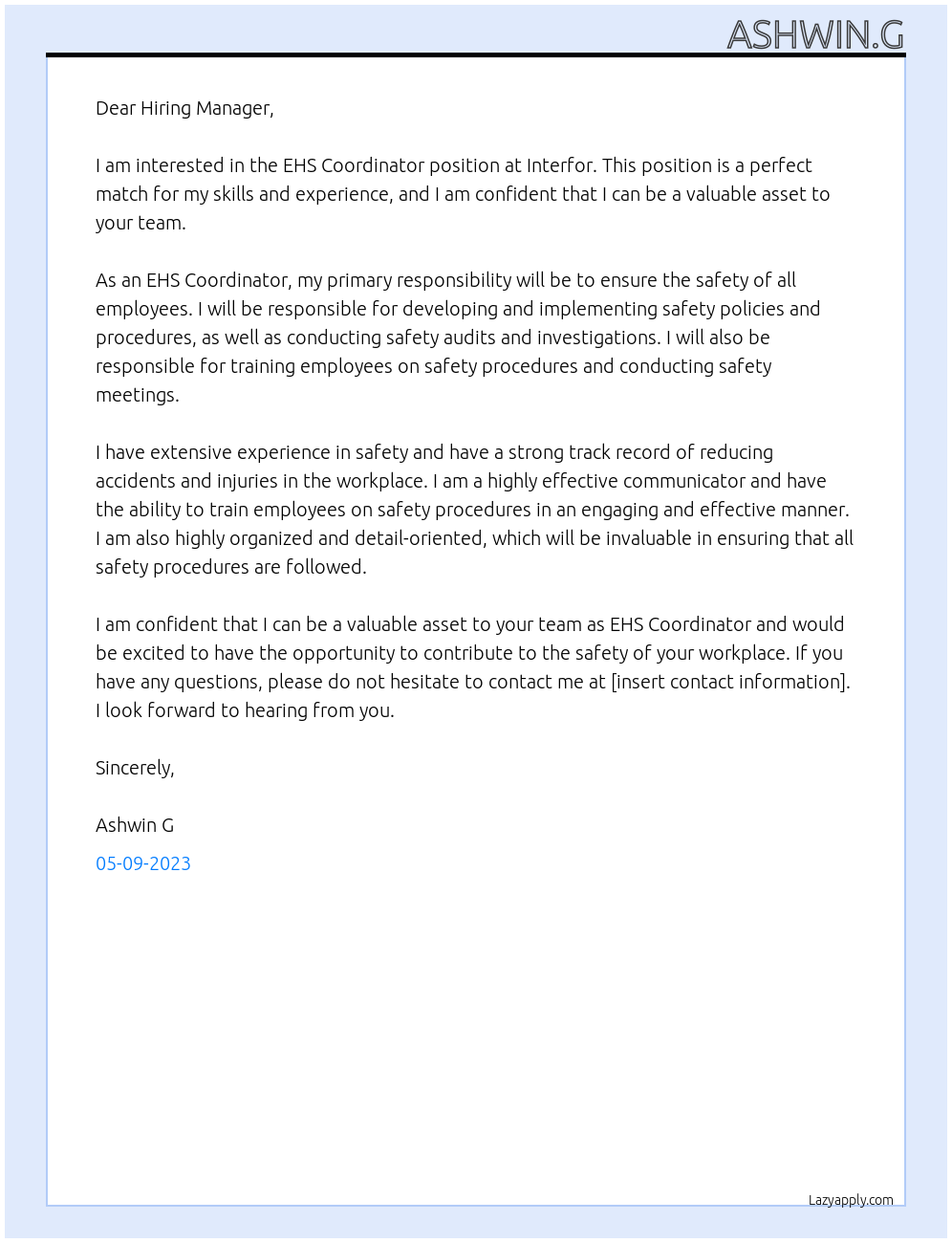 Cover letter for ehs coordinator - LazyApply
