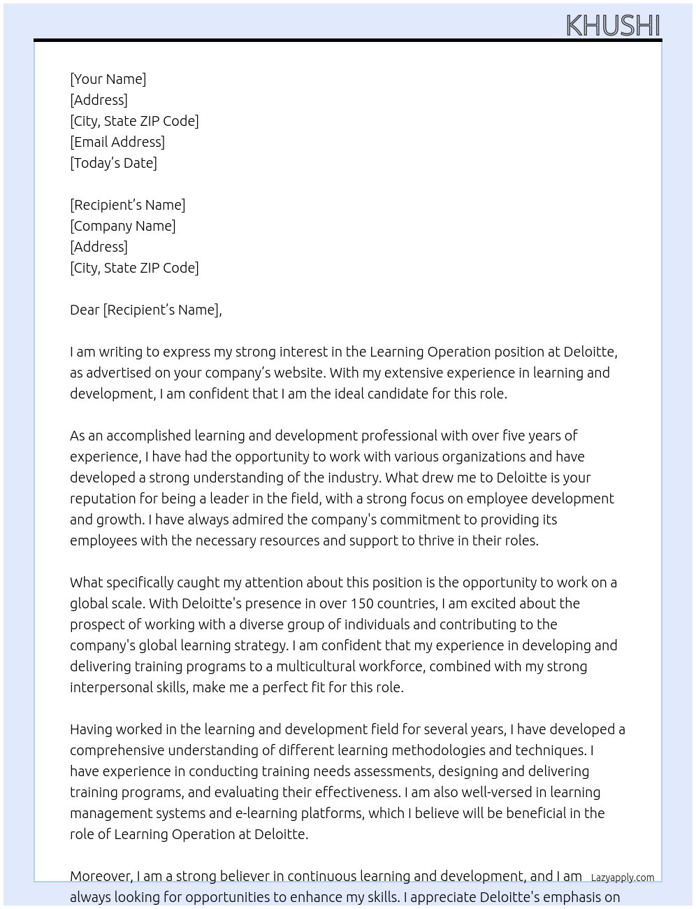 Cover letter for learning operation - LazyApply