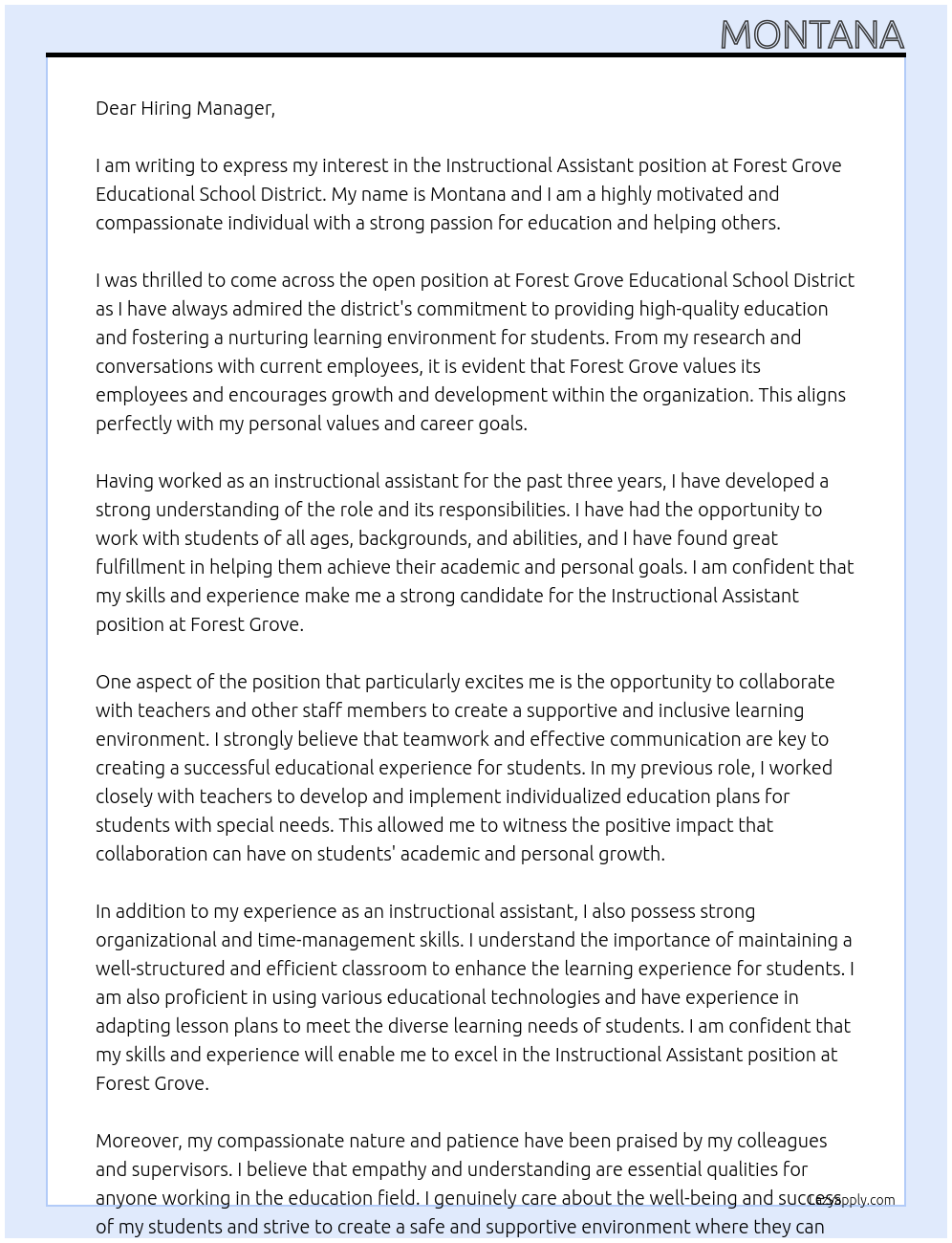 Cover letter for instructional assistant - LazyApply