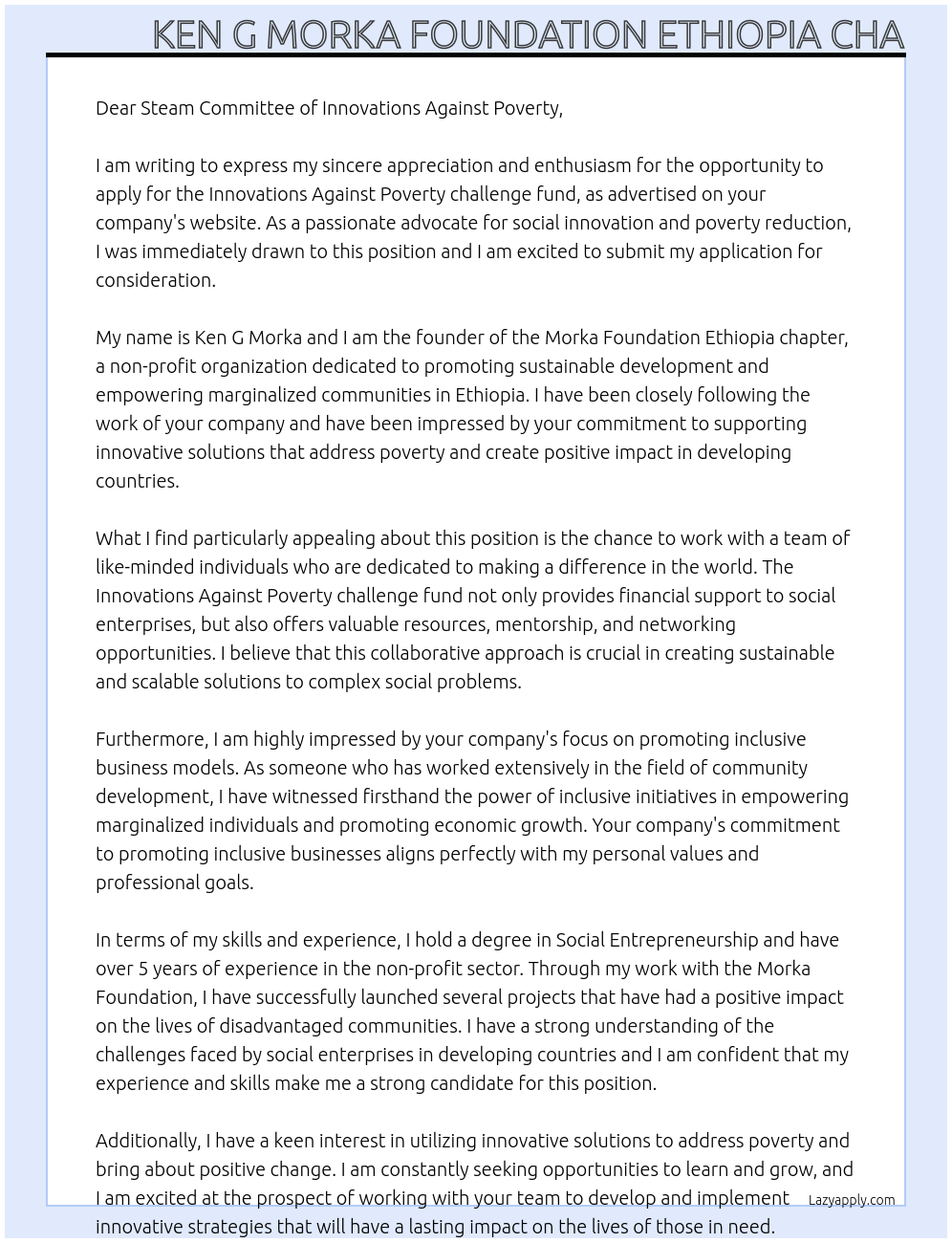 Cover letter for applying on innovations against poverty challenge fund ...