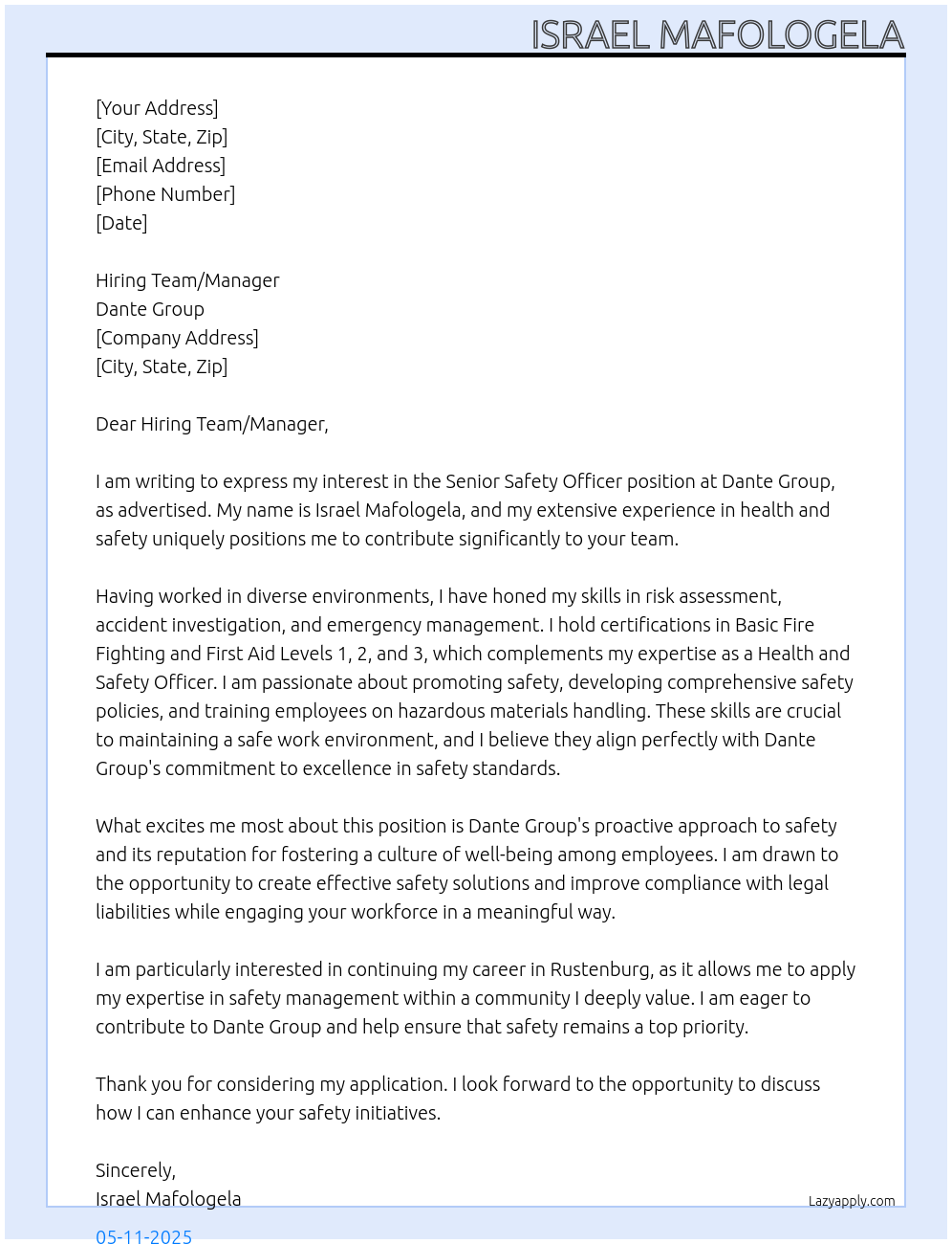 Cover letter for senior safety officer - LazyApply