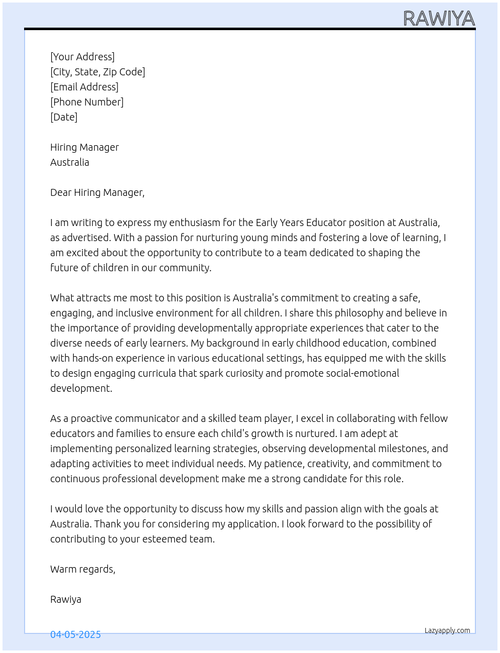 Cover letter for early years educator - LazyApply