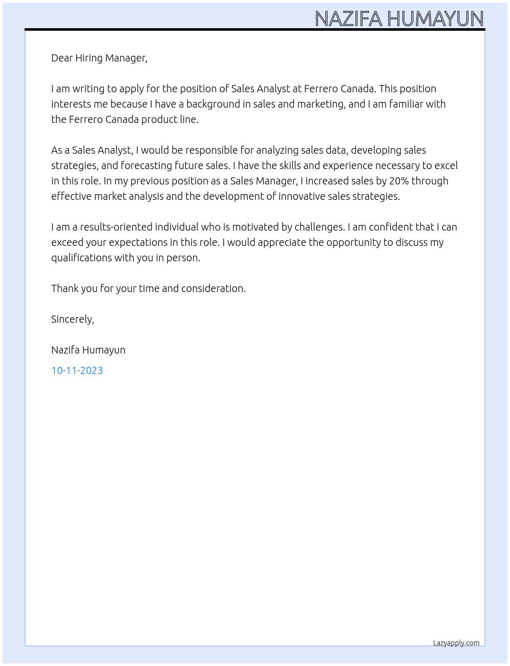 Cover letter for sales analyst - LazyApply