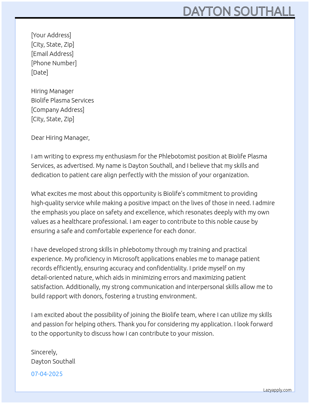 Cover letter for phlebotomist - LazyApply