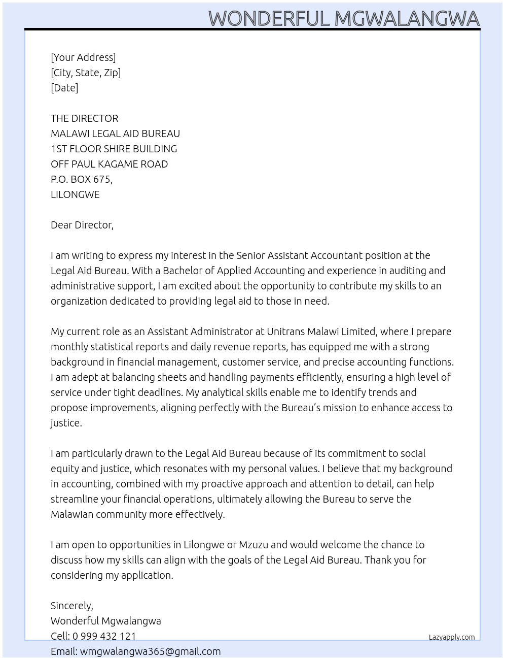 Cover letter for senior assistant accountant - LazyApply