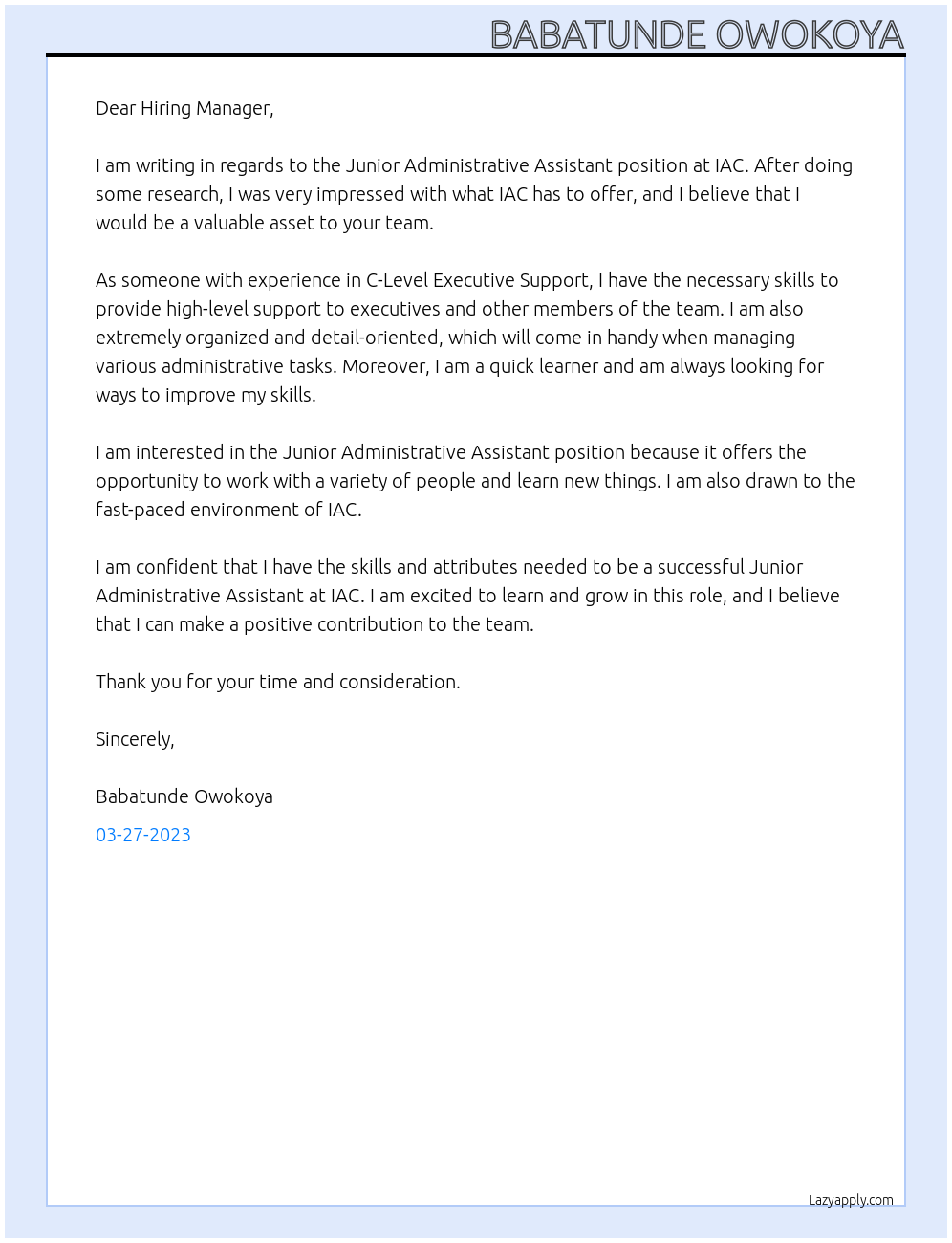 Cover letter for junior administrative assistant - LazyApply
