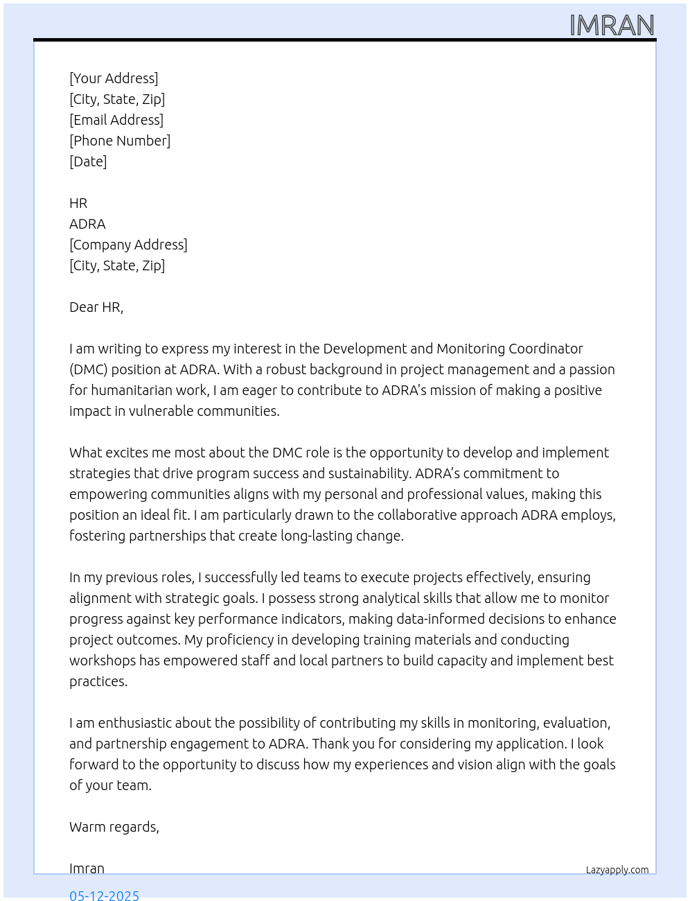 Cover letter for dmc - LazyApply