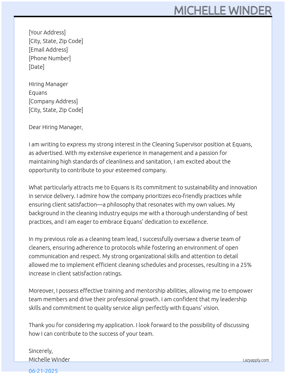 Cover letter for cleaning supervisor - LazyApply