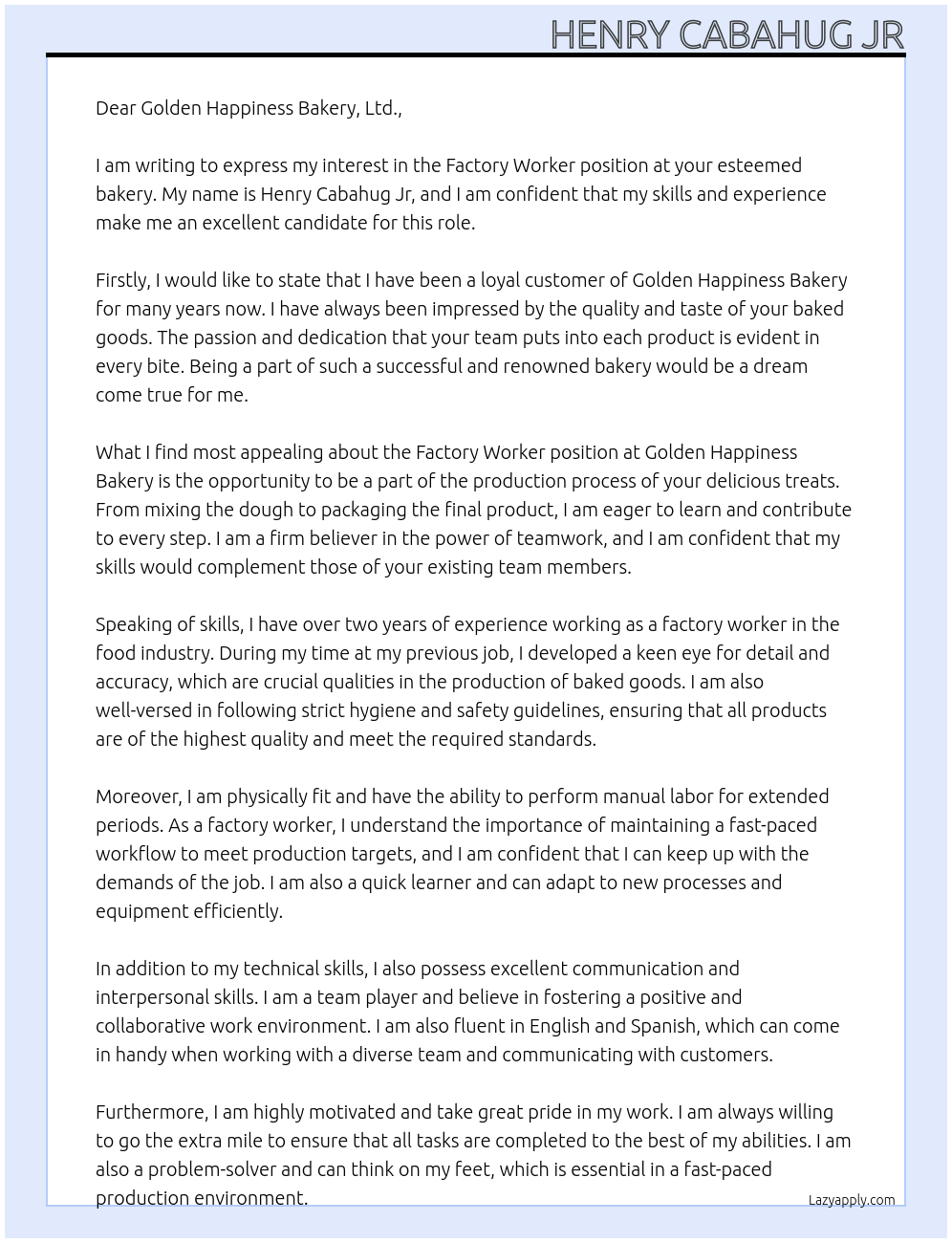Cover letter for factory worker - LazyApply