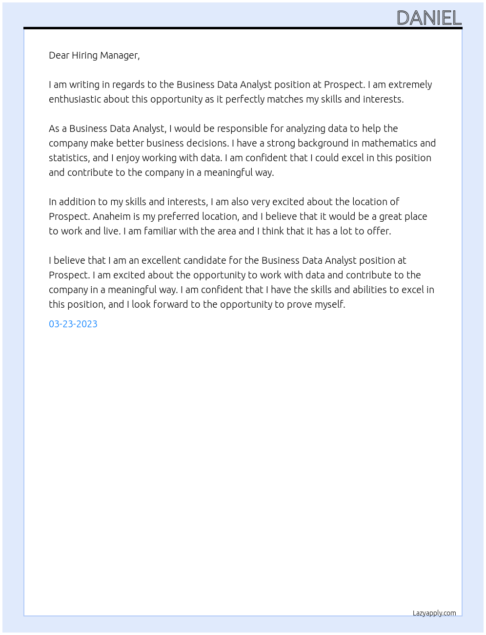 Cover letter for business/ data analyst - LazyApply