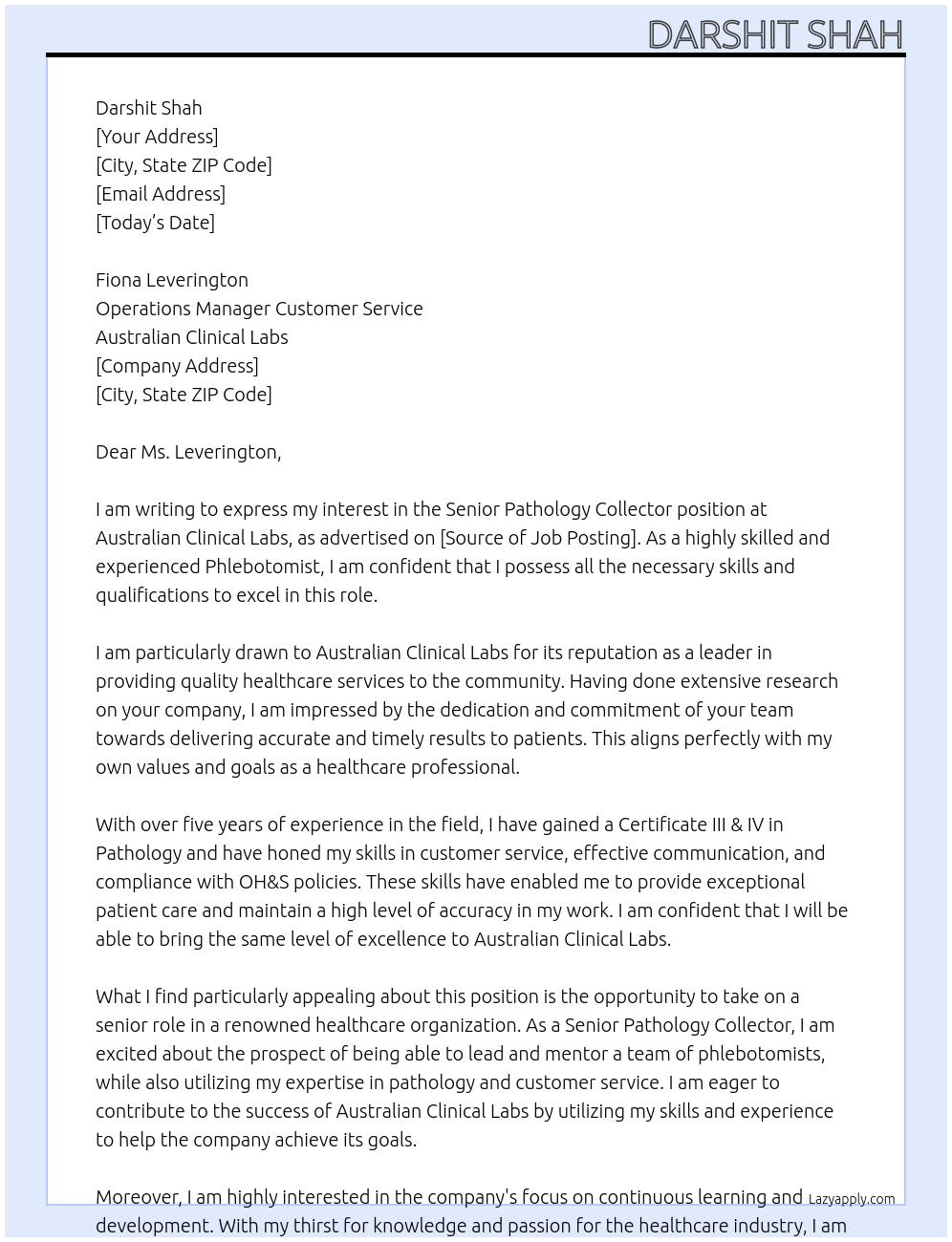 Cover letter for senior pathology collector - LazyApply