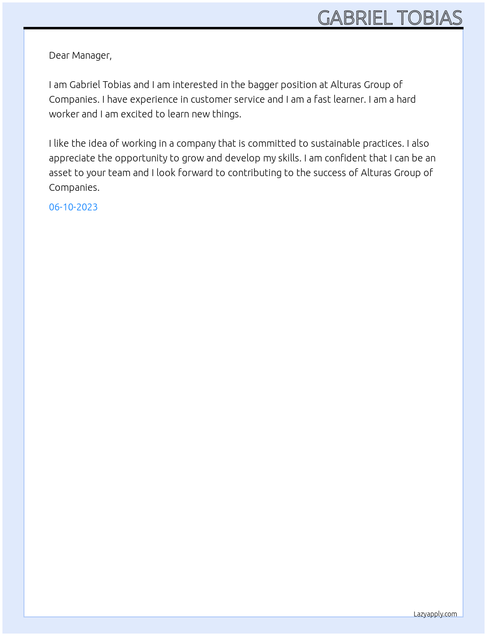 Cover letter for bagger - LazyApply