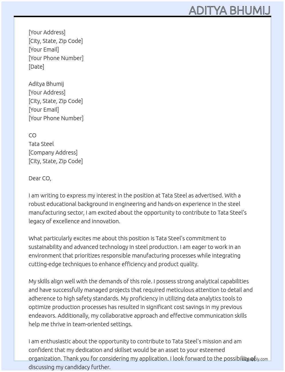 Cover letter for tata steel - LazyApply