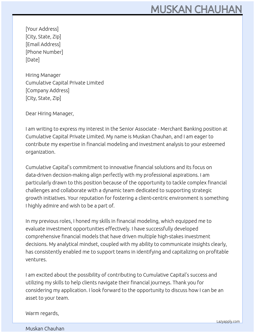 Cover letter for senior associate - merchant banking - LazyApply