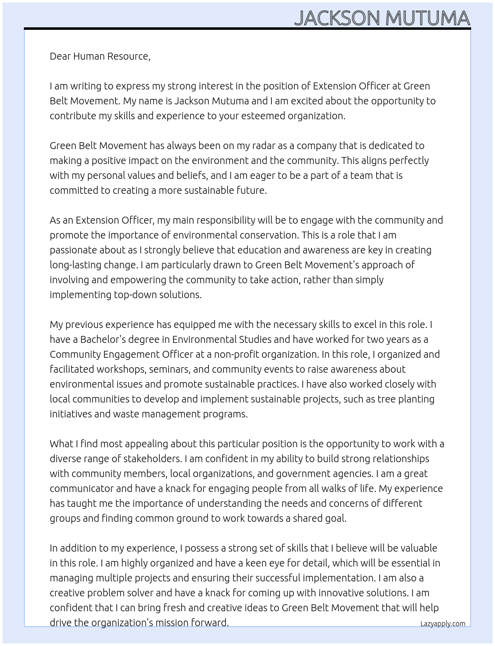 Cover letter for extension officer - LazyApply