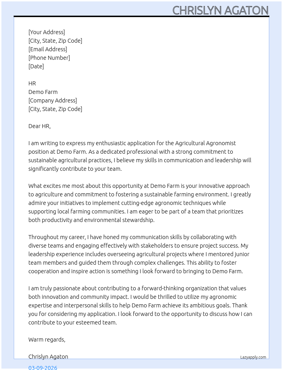 Cover letter for agricultural agronomist office - LazyApply